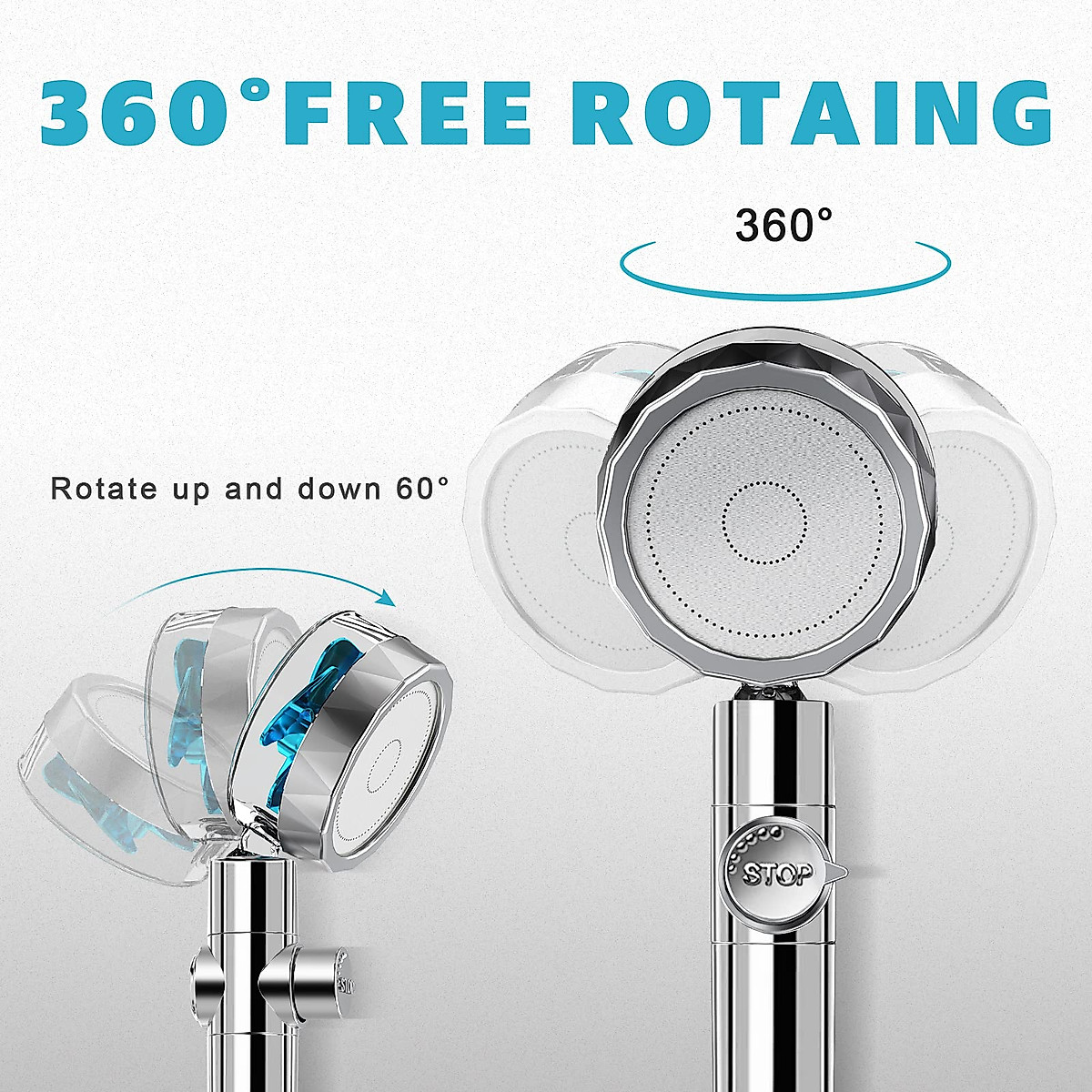 Handheld Shower Head, Kiyaosoka High Pressure Shower Heads Turbo Fan 360 Degrees Rotating, Hydro Jet Shower Head with 3 Filters Turbocharged Showerhead (Blue)