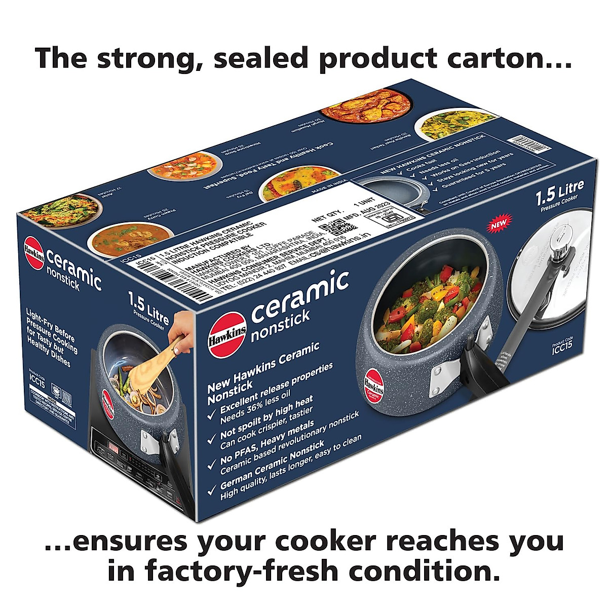 Hawkins 1.5 Litre Ceramic Nonstick Pressure Cooker, Induction Inner Lid Cooker, Granite Contura shaped Cooker, Best Cooker (ICC15)