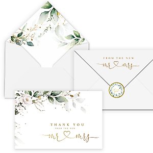 AMNADOF 100 Wedding Thank You Cards with Envelopes & Stickers | Bulk Mr and Mrs Thank You Notes Blank on the Inside | Greenery & Gold Foil Thank You From the New Mr & Mrs.