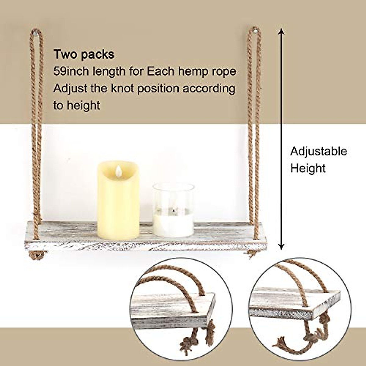 CuffUp Rope Hanging Shelves for Wall, Hanging Wall Shelves Floating Shelves White for Wall 2 Set of Whitewashed Rustic Wall Decor