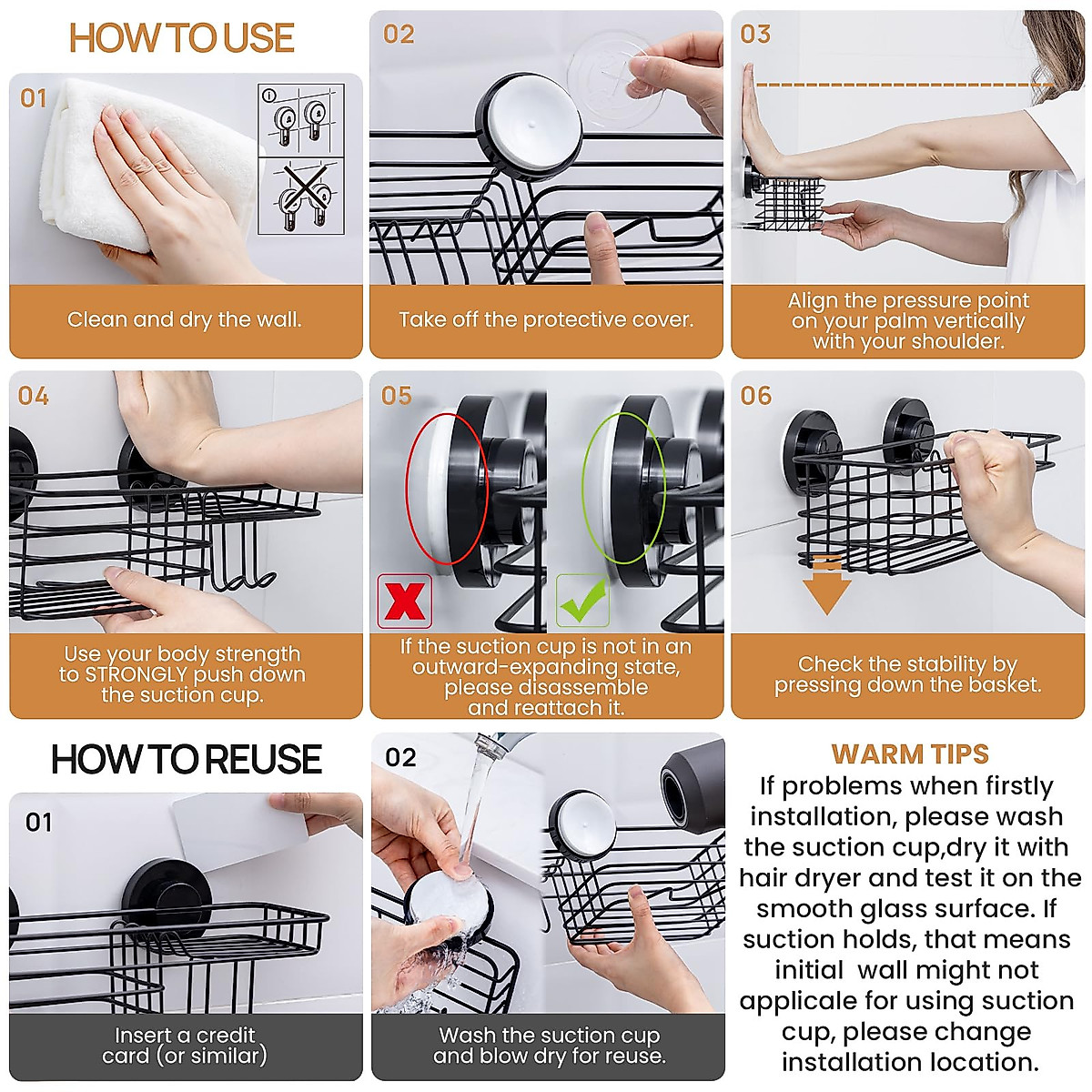 LEVERLOC Shower Caddy Suction Cup, 2 Pack Shower Shelves for Inside Shower with Hooks & Soap Holder, NO-Drilling Shower Organizer, Rustproof Shower Caddies Storage, Black