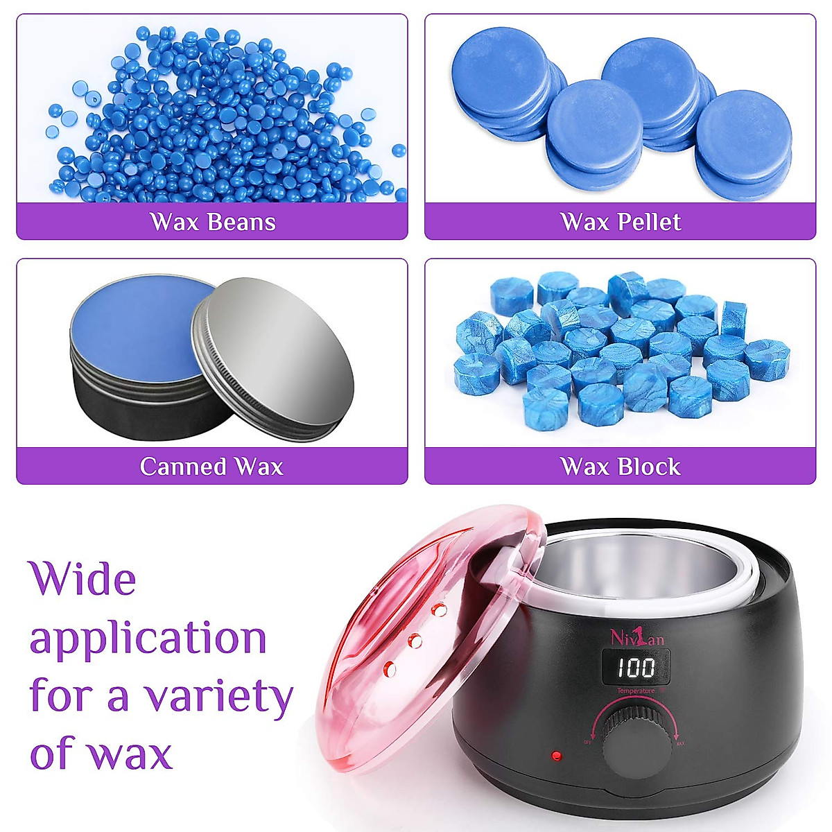 Nivlan Waxing Kit for Women 5 Hard Wax Beans and 30 Wax Applicator Sticks, Black, No Chemical Smell