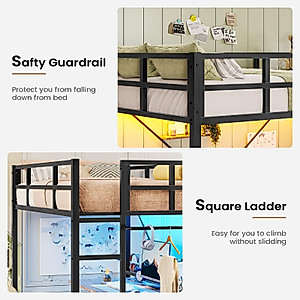 Hasuit Twin Loft Bed with LED Lights, Metal Loft Bed Twin Size with Full-Length Guardrail &Clothes Rack, Heavy Duty Metal Loft Bed Frame, Space-Saving, Noise Free, No Box Spring Needed, Black