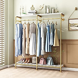 IronJiaZu Gold Pipe Clothes Racks with 2 Shelves, Industrial Pipe Gold Clothing Rack with Double Hanging Rods, Heavy Duty Wall Mounted Clothing Rack Rod for Closet Storage, Bedroom