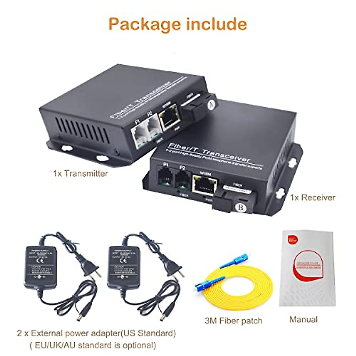 Primeda-tronic 2 Port Telephone and 100Mbps Ethernet Over Fiber Converters 1 Set - 2 Phone Lines POTS Over Fiber Optic,SC Single Mode 20Km and Multimode 500m, Support Called id, Ring and Fax