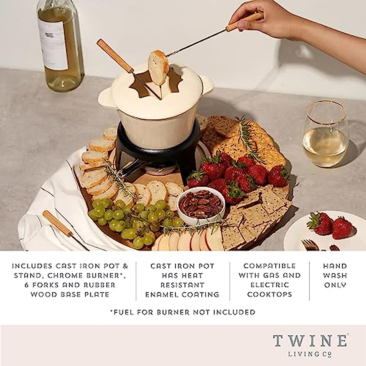 Twine Farmhouse Kitchen Enamel Cast Iron Fondue Set Cheese Melting Pot Metal Stand with Stainless Steel Forks and Chrome Gel Burner, 8.5", Off-Cream