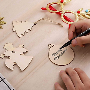 50 Pcs Unfinished Paintable Blank Wooden Christmas Festival Decoration Ornaments, Xmas Tree Hanging Wood Slices for Kids DIY Art Crafts, 5 Designs-Christmas Tree, Snowman, Stars, Angel, Round