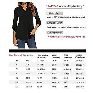 Zattcas Womens Floral Printed Tunic Shirts 3/4 Roll Sleeve Notch Neck Tunic Top,Solid Black,XX-Large