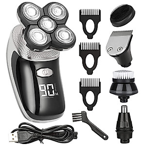 Electric Shavers for Men Bald Head Shaver LED Mens 5 in 1 Electric Shaving Razors IPX7-Waterproof Wet and Dry Rotary Shaver with Clippers Nose Hair Trimmer Facial Cleansing Brush (Pink) (Black)