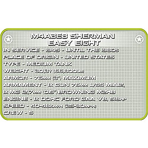 COBI Historical Collection M4A3E8 Sherman (Easy Eight) Tank, Army Green,316 pcs