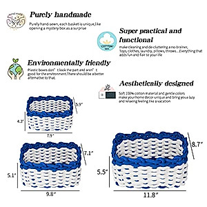 R RUNKA Small Rope Baskets for Clothes, Toys, Towels, Books - Set of 3,Decorative Baskets for Home Decor,Small Baskets for Gifts | Boho Baskets, Small Woven Basket for Nursery (Blue & Off White)