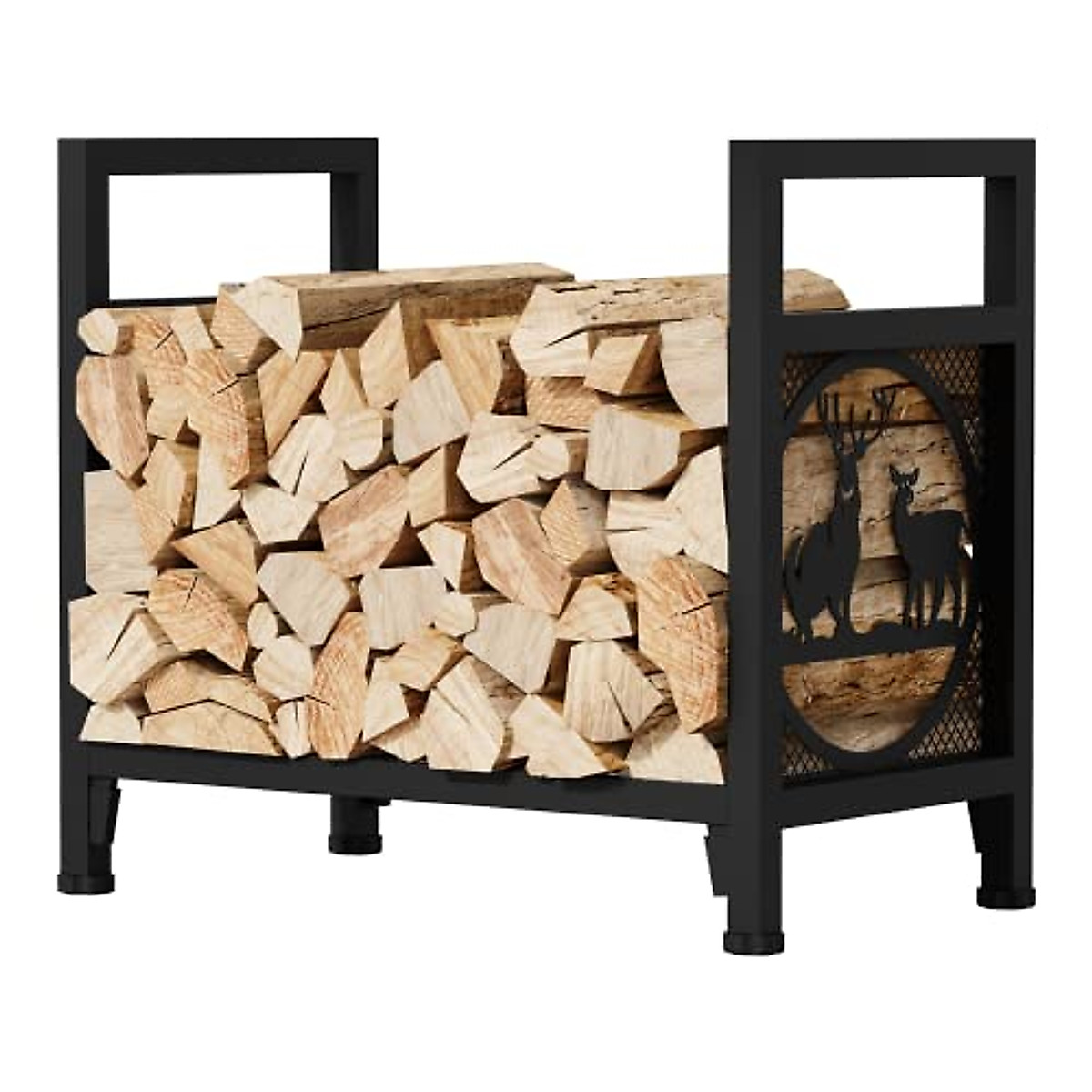 Timechee Firewood Log Rack Holder, Wrought Iron Fireplace Bin Log Rack with Adjustable Foot Pads, Heavy Duty Log Carrier Rack Storage Bin for Firepit Stove Indoor (Deer)