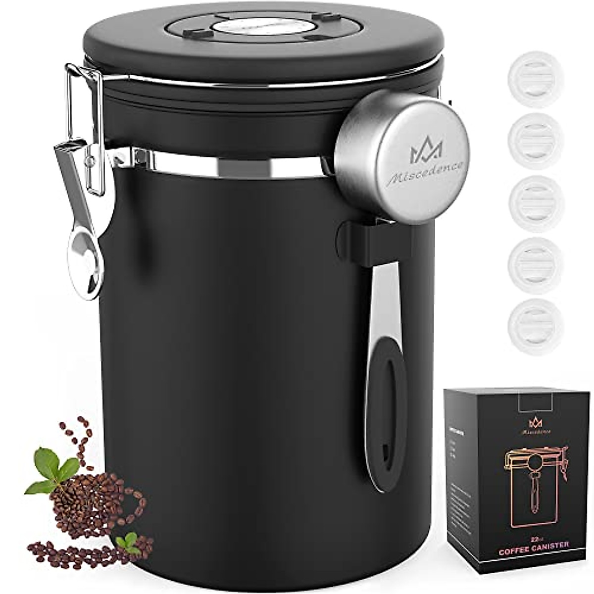 Miscedence Coffee canister for ground coffee with Scoop Date Tracker One Way Co2 Valve 304 Stainless Steel Kitchen Food Airtight storage container for Coffee Beans,Grounds,Tea,Sugar (Black, 22oz)