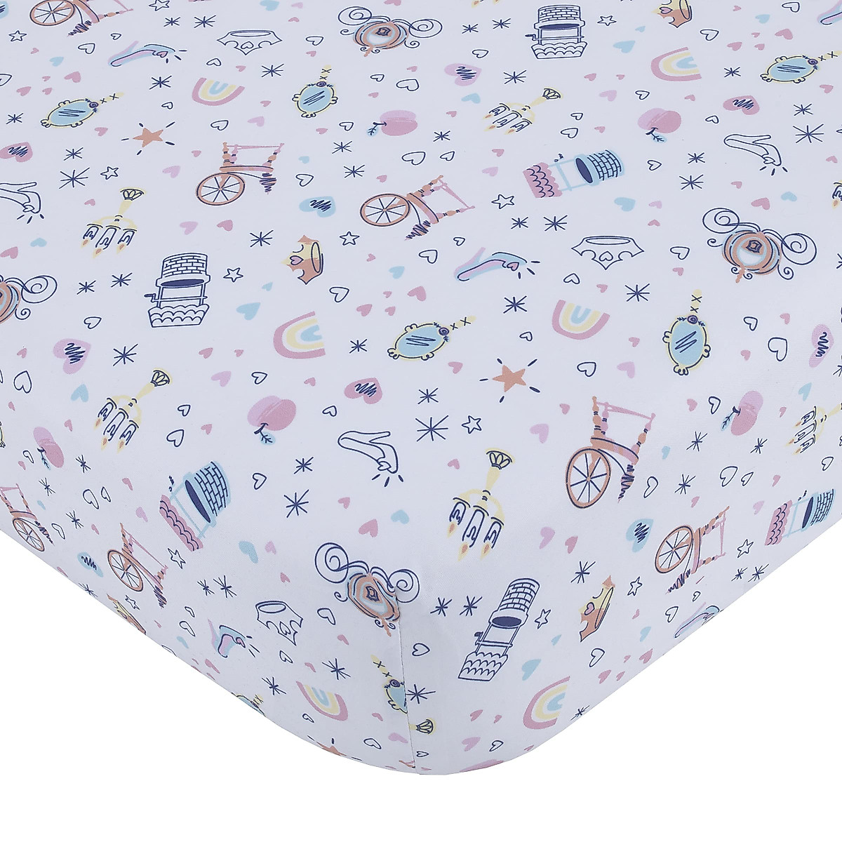 Disney Little Princess Pink, Blue, Yellow and White Stars and Hearts Cinderella, Snow White, Belle and Aurora 6 Piece Nursery Crib Bedding Set