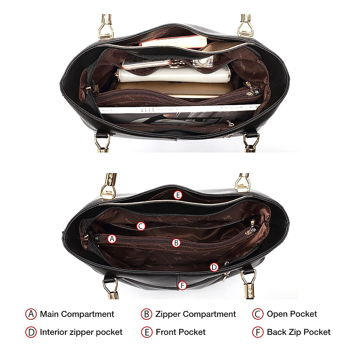 Leather Handbags for Women, Split Leather Large Capacity Zipper Closure Ladies Top-handle Handbags Womens Roomy Tote Purses Women's Fashion Shoulder Bag Handbag (Black)