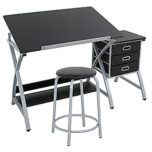 BBBuy Drafting Table Drawing Desk Art Craft Adjustable Tabletop Craft Table w/ 3 Slide Drawers and Stool Set Art Design Workstation for Writing, Painting, Sketching for Home Office, Black