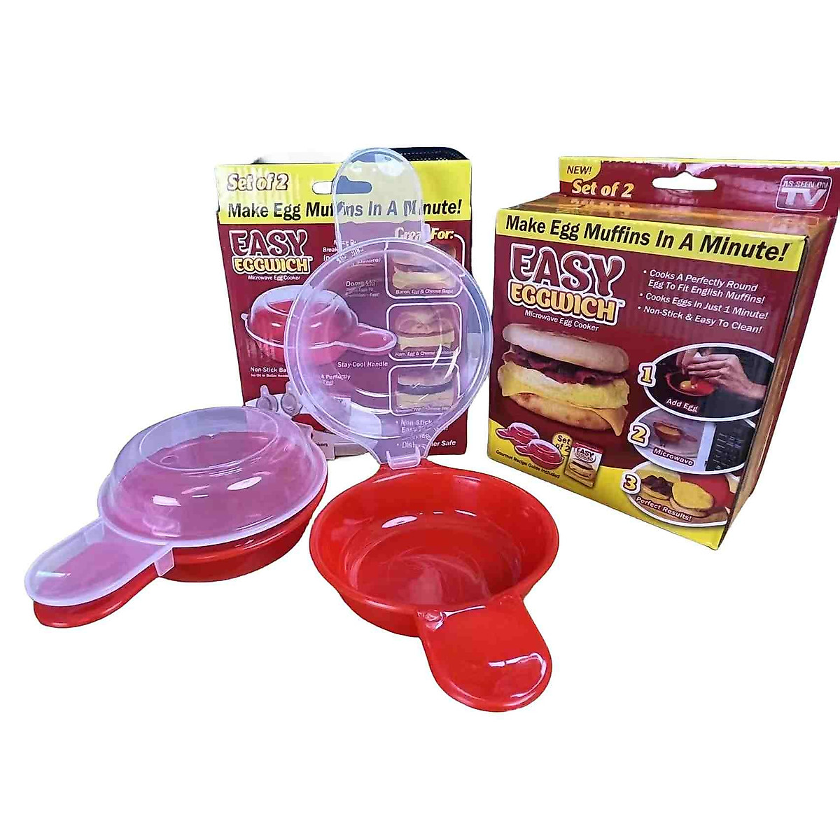 JCFUHONG Microwave Egg Cooker Set - Quick 1-Minute Egg Hamburg Omelet Maker Red & Clear Steam Release Vent Dishwasher Safe Kitchen Cooking Tool.