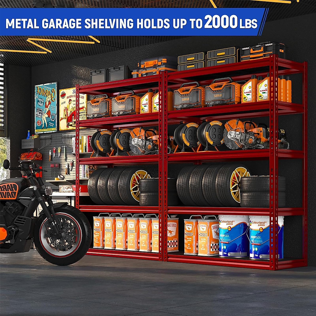 REIBII 72" Garage Shelving 2000 LBS Storage Shelves Heavy Duty Metal Shelving Units Rack Shelf for Garage Pantry,Kitchen, Basement,Red & Black