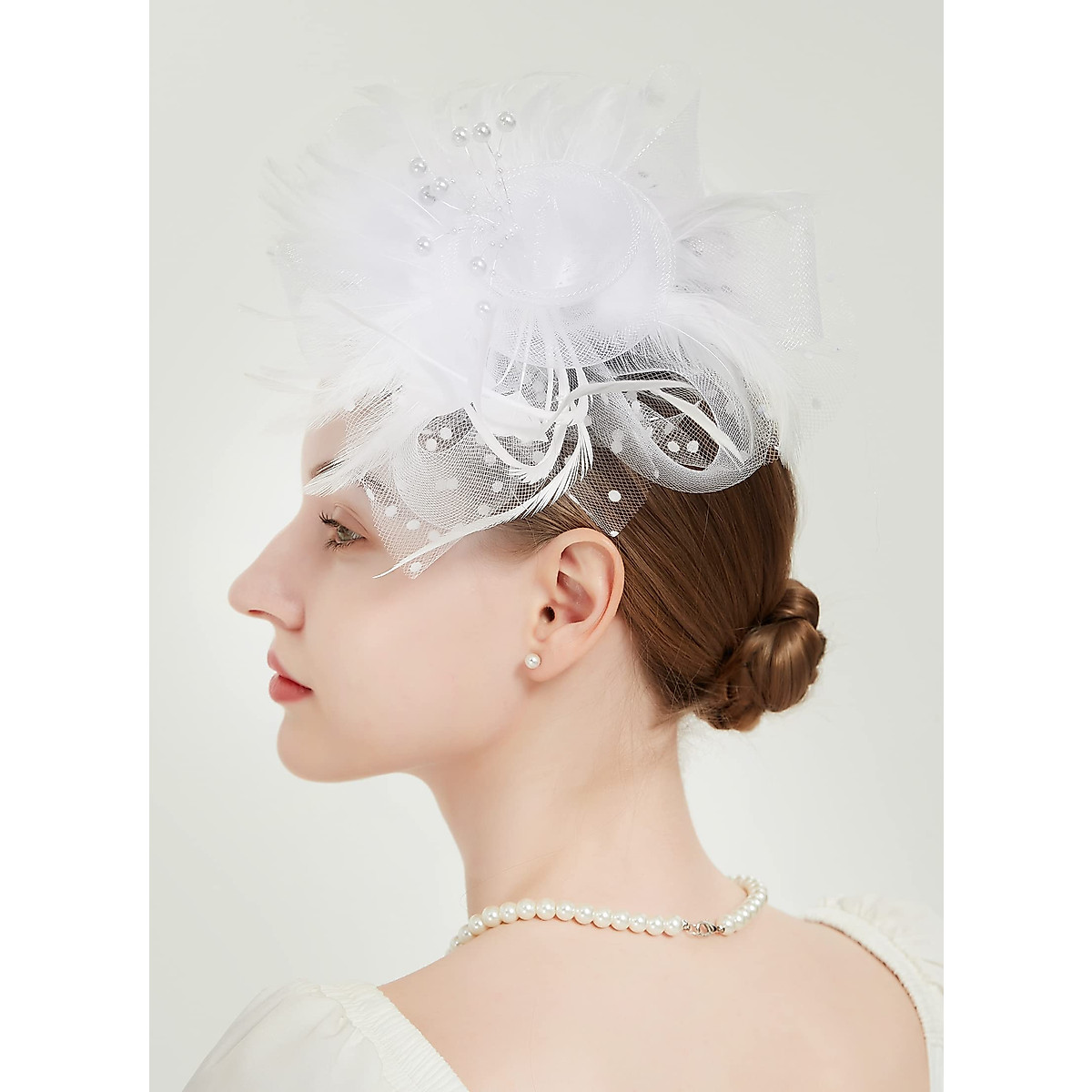 Fascinators for Women Tea Party Headband Kentucky Derby Hats Cocktail Flower Mesh Feathers Headwear Hair Clip for Wedding White