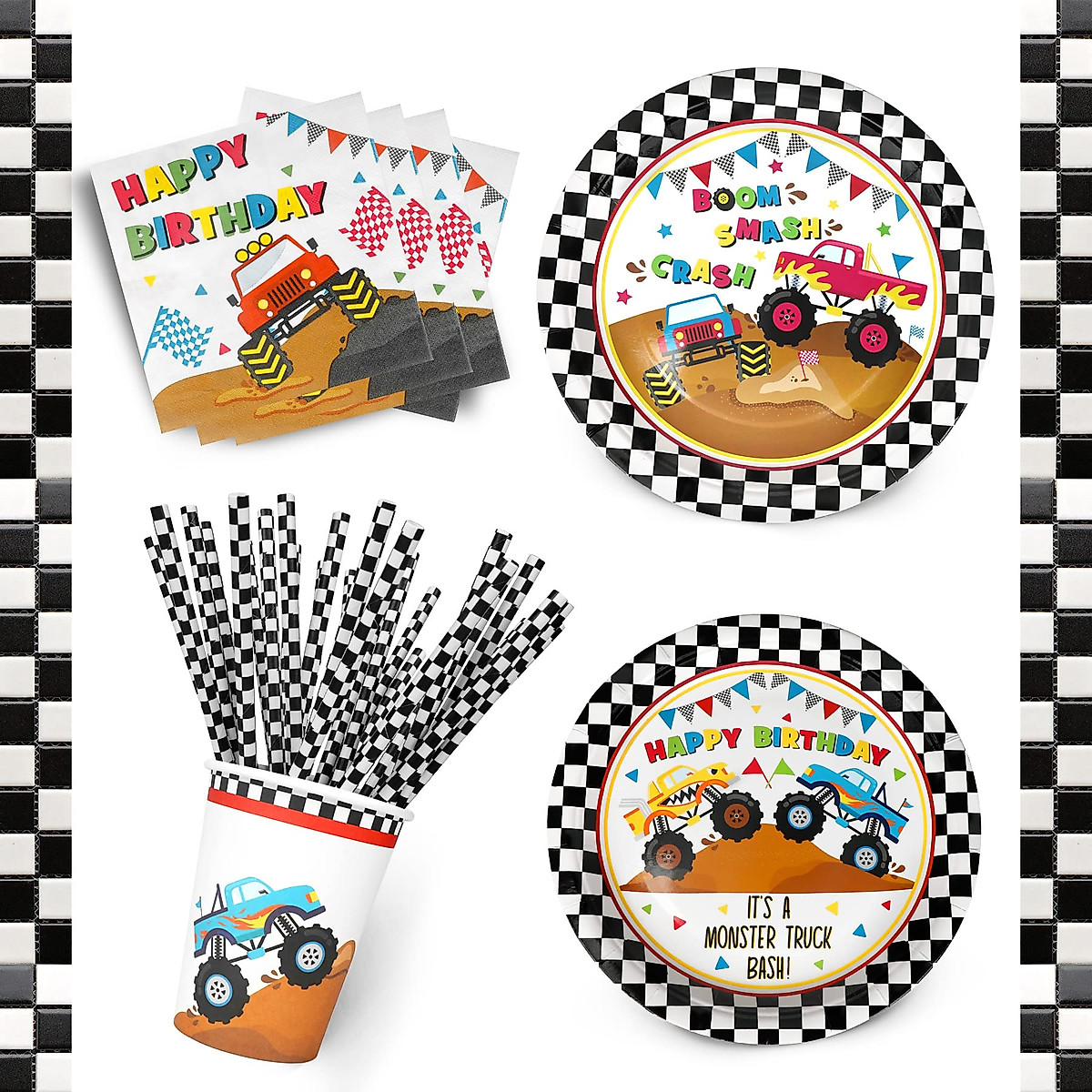 Monster Truck Party Supplies Decorations, Kids Birthday Paper Plates and Napkins Set with Cups and Straws for 24 Guests, 120 Pcs Disposable Party Dessert Dinnerwares