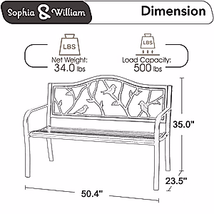 Sophia & William Outdoor Garden Park Bench Patio Metal Bench, Steel Frame Bench with Backrest and Armrests for Porch, Lawn, Balcony, Backyard and Indoor, Bronze