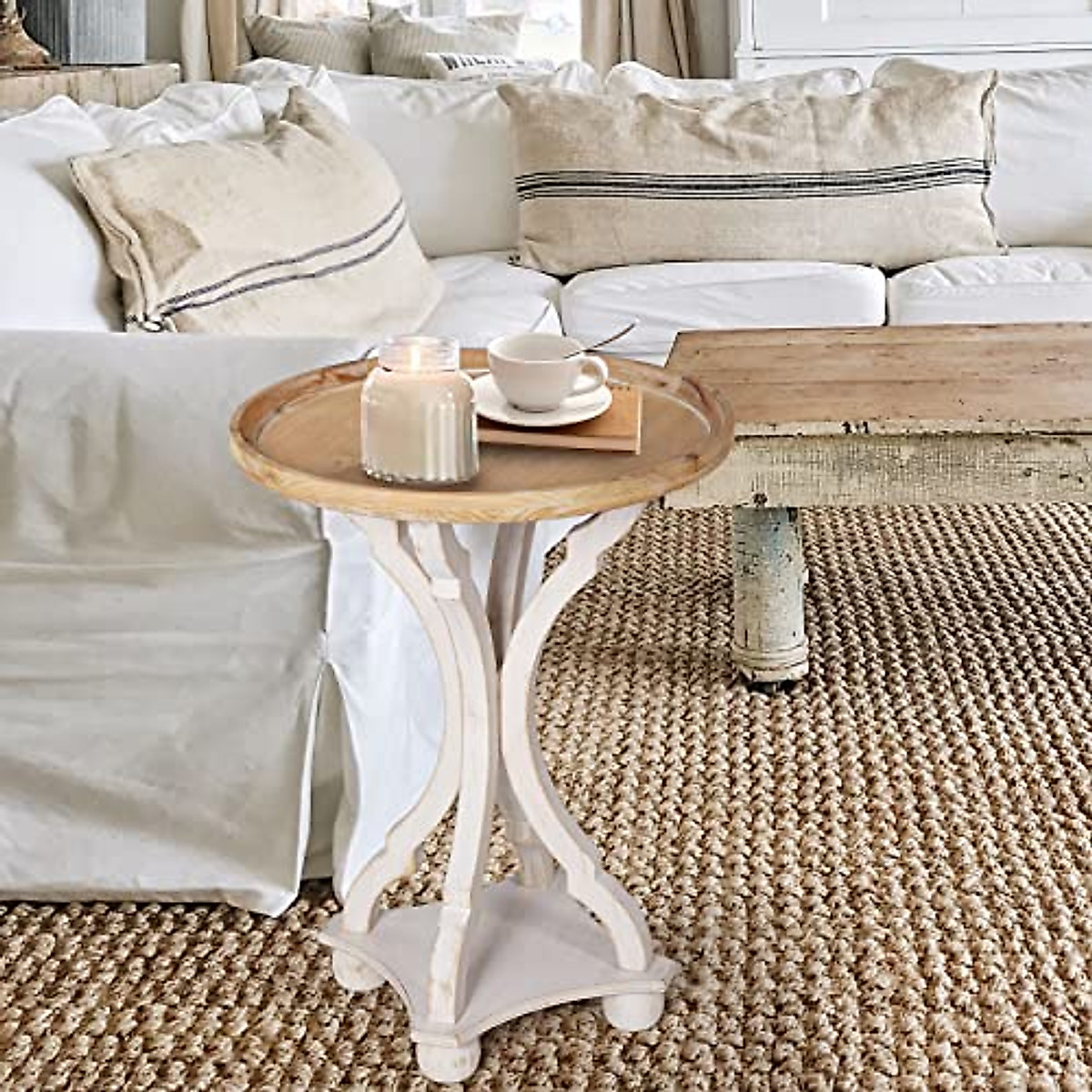 OneSpruce Farmhouse End Tables Living Room, White Accent Table with Wood Pedestal, Round Side Table for Home, Dining or Living Room, Bedroom