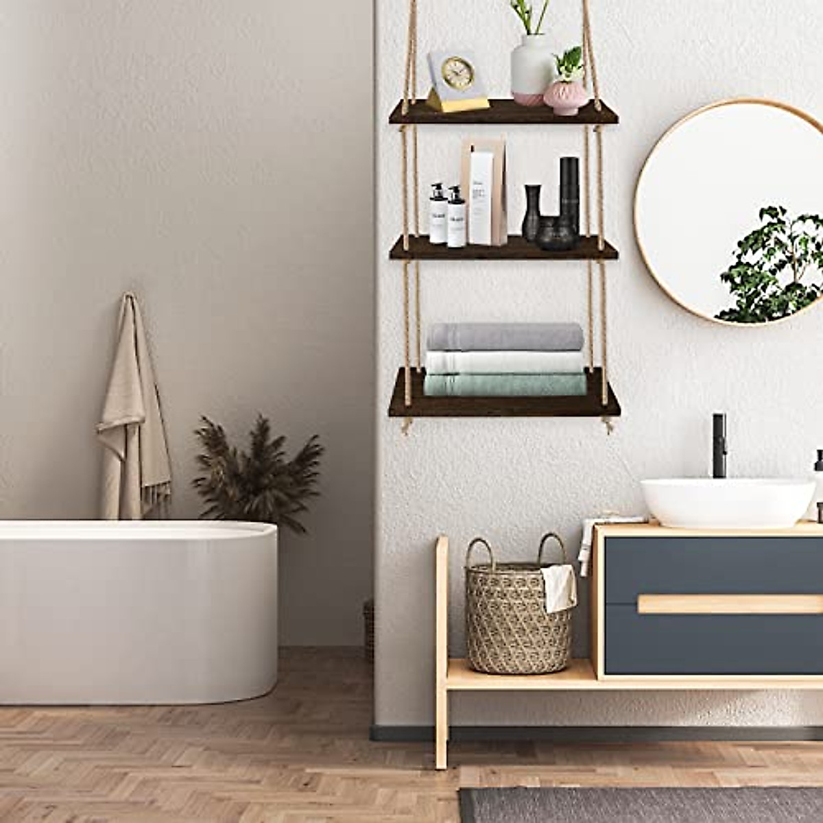 Iwaiting Outdoor Hanging Shelves for Wall, 3 Tier Antique Wood Floating Hanging Shelf with Handmade Twine Weaving Process, Suitable for Bedroom Living Room Bathroom Hanging Window Plant Shelves Decor