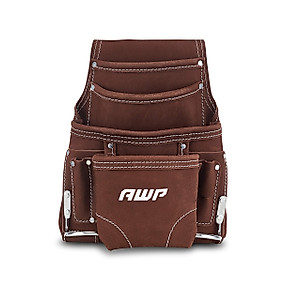 AWP 10-Pocket Suede Tool Pouch | Durable General Construction Leather Tool Pouch | Brown