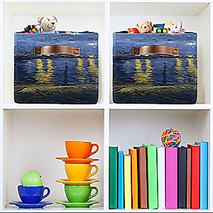 ALAZA Van Gogh Moon Art Large Storage Basket with Handles Foldable Decorative 1 Pack Storage Bin Box for Organizing Living Room Shelves Office Closet Clothes