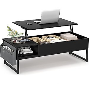 Aheaplus Lift Top Coffee Table with Storage, Wood Lifting Top Central Table Metal Frame, 43.3" Lift Tea Table with Side Pouch, Cocktail Table Modern Adjustable Table for Living Room, Black