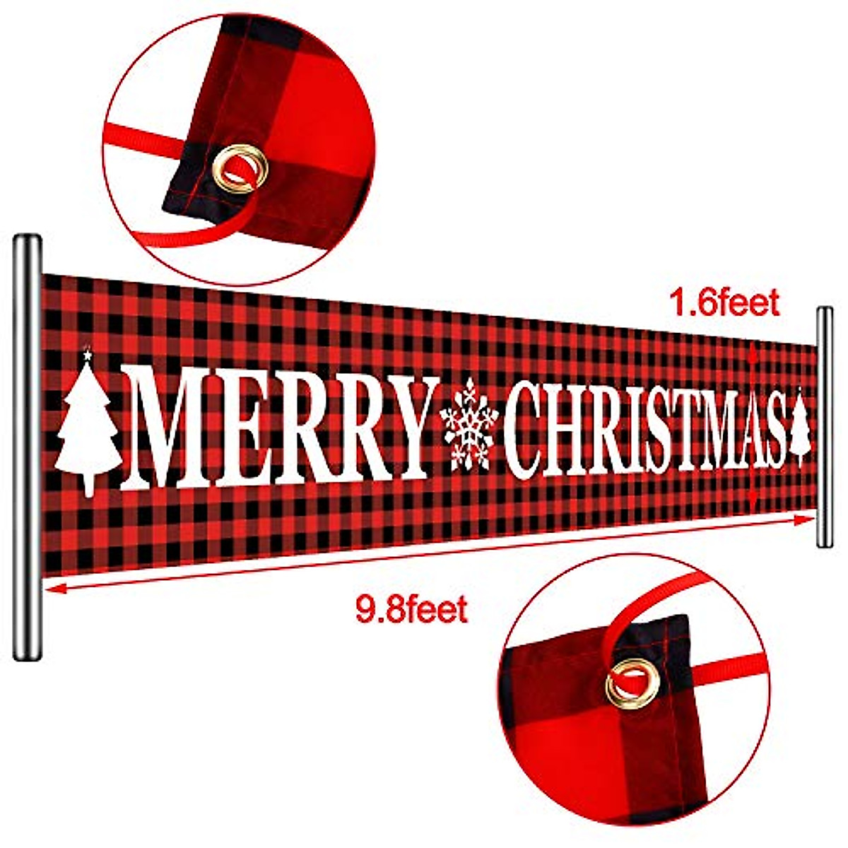 Huge Red Black Plaid Merry Christmas Banner Large Xmas Sign Decorations with Delicate Print for Xmas House Home Outdoor Party Decor, 9.8 x 1.6 Feet (Style Set 3)