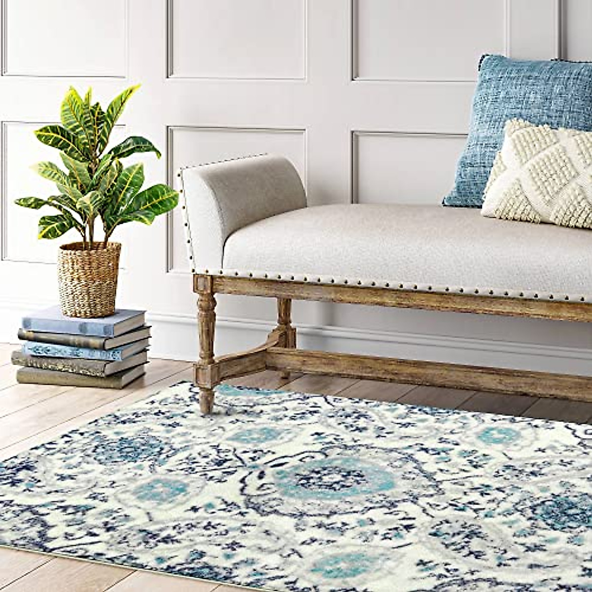 Zealude Paisley Floral Area Rug Non Slip Accent Throw Rug Machine Washable Rug Boho Chic Indoor Doormat Low Profile Floor Mat for Bathroom Entry Bedside Kitchen Sink (Blue, 4' x 6')