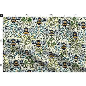 Spoonflower Fabric - Bumblebee Nature Damask Botanical Mushroom Pollinator Large Scale Printed on Minky Fabric by The Yard - Sewing Baby Blankets Quilt Backing Plush