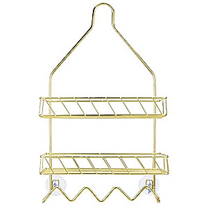 MyGift Brass Plated Metal Shower Caddy Over Shower Head Hanging Bathroom Organizer Rack with Suction Cup