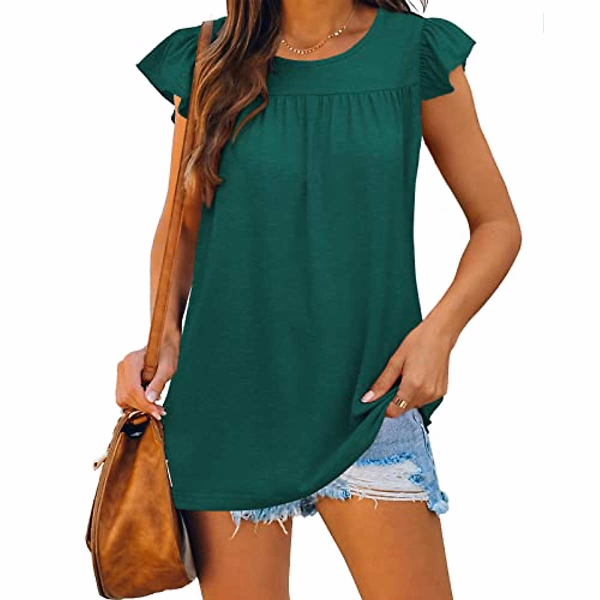Tunic Tops to Wear with Leggings Ruffle Sleeve Summer Top for Women Cute Fashion Clothes Green L