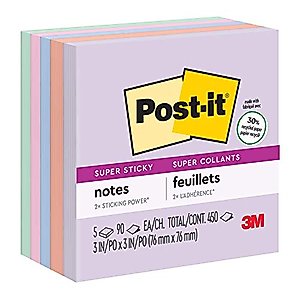 Post-it Super Sticky Recycled Notes, 3 x 3 in, 5 Pads, 2x the Sticking Power, Wanderlust Collection, Pastel Colors, 30% Recycled Paper (654-5SSNRP)