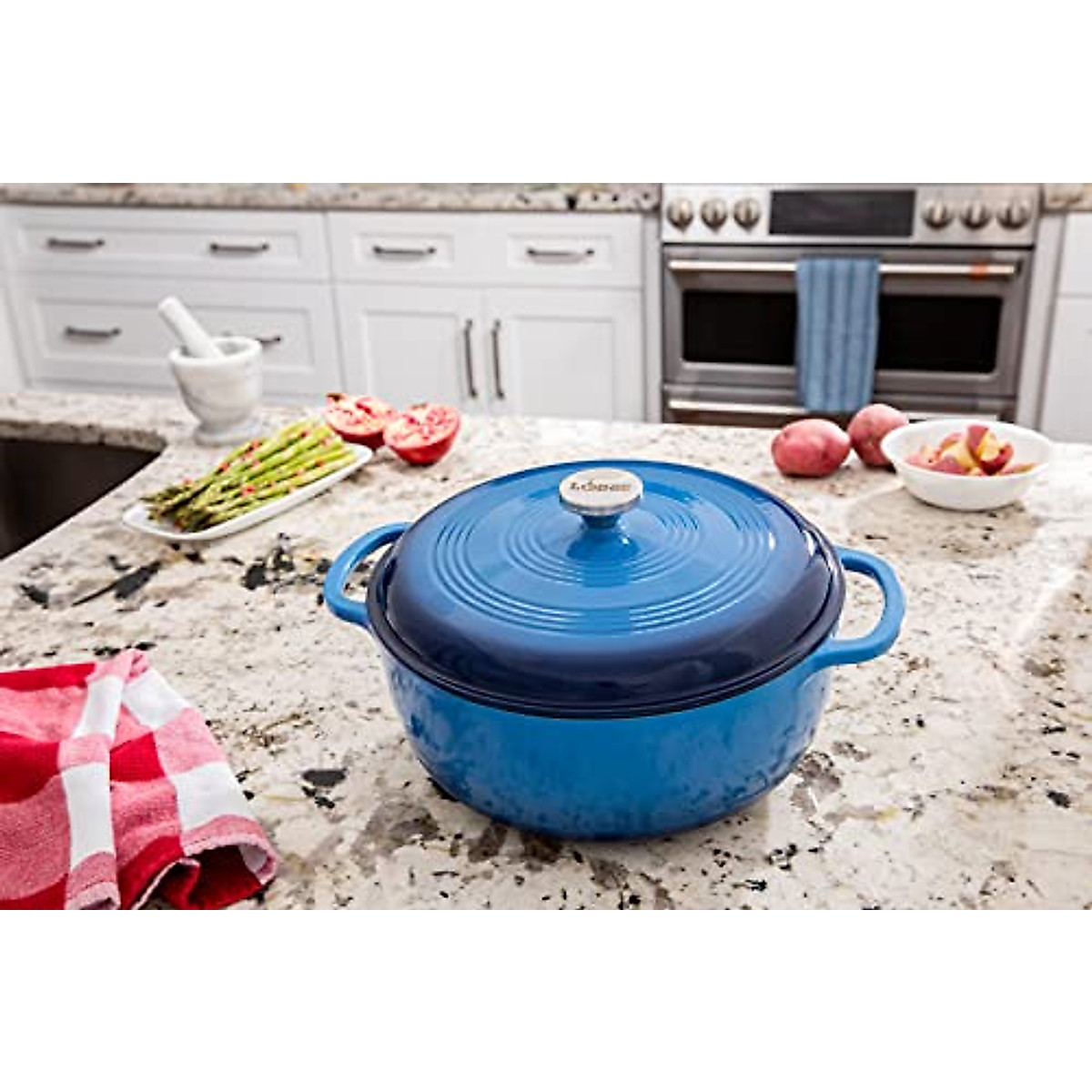 Lodge 7.5 Quart Enameled Cast Iron Dutch Oven with Lid – Dual Handles – Oven Safe up to 500° F or on Stovetop - Use to Marinate, Cook, Bake, Refrigerate and Serve – Caribbean Blue