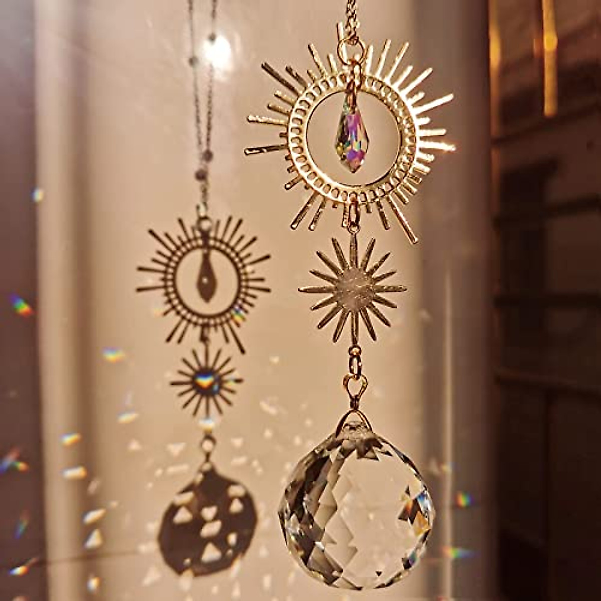 Boho Suncatcher for Window, Handmade Crystal Suncatcher Beads Ornament, Hanging Crystal Window Prism Ball Pendant, 30mm Rainbow Maker Decor Gift, Stained Glass Sun Catchers for Garden Car Decoration