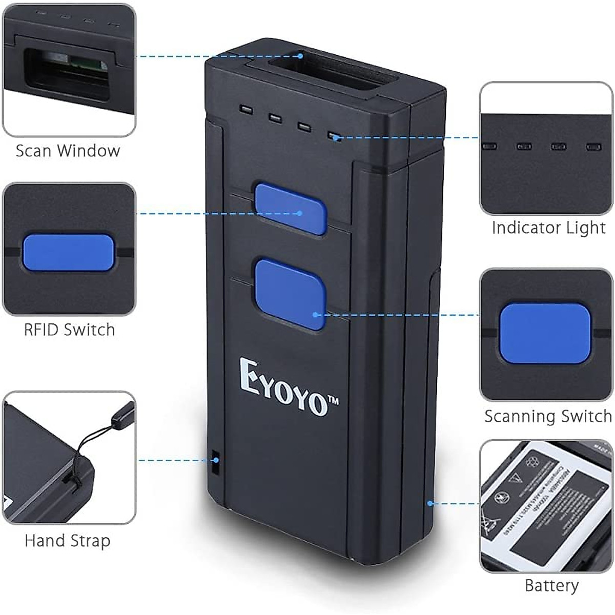 Portable Bluetooth Barcode Scanner Wireless, Eyoyo 2877 CCD Mini Handheld CMOS UPC Barcode Reader Compatible for POS, iPad, iPhone, Android Phones, iOS Work for Store, Book, Library Inventory