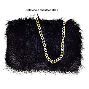 FHQHTH Faux Fox Fur Purse Fuzzy Handbags for Women Evening Handbags Al alloy Shoulder Strap [Black]