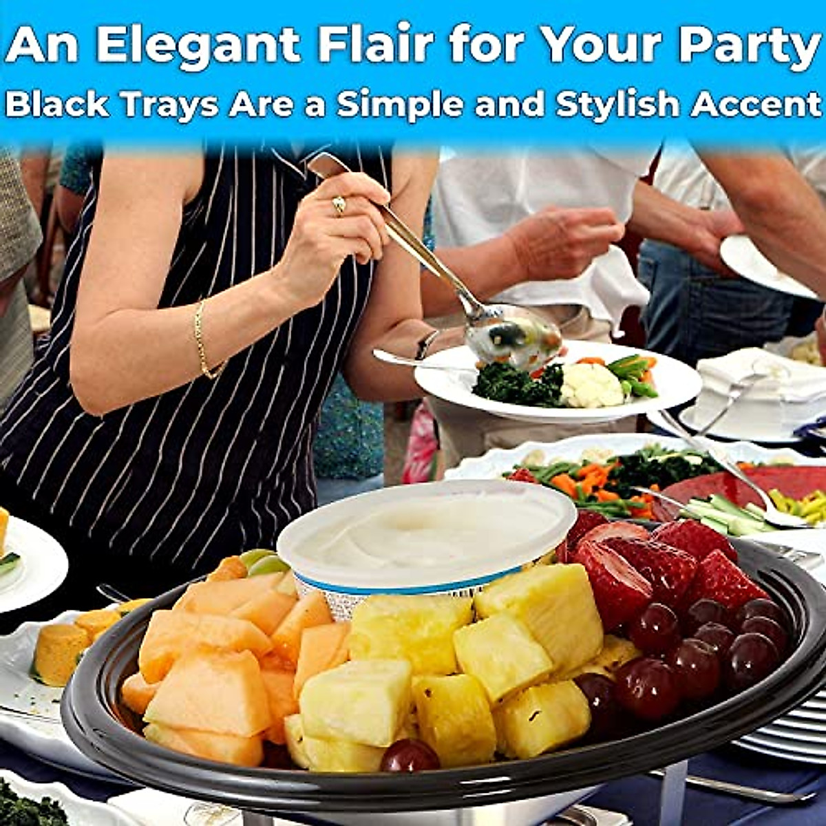 Avant Grub Heavy Duty, Recyclable 12 in. Serving Tray and Lid 5pk. Large, Black Plastic Party Platters with Clear Lids Dishware Plate, Elegant Round Banquet or Catering Trays for Serving