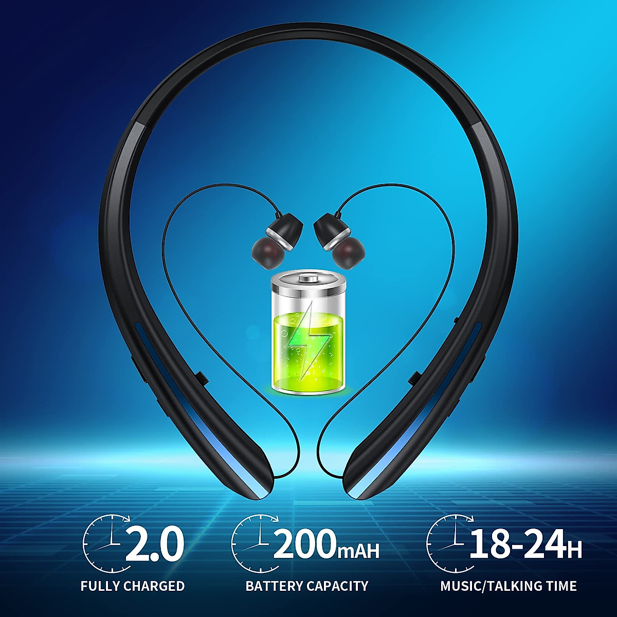 Neckband Bluetooth Headphones, Retractable Earbuds Wireless Bluetooth Headset with Microphone, Vibration Call, Stereo Noise Cancelling Earphones for Workout Sports Driving, IPX5 Sweatproof (Blackblue)