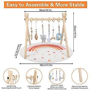 YSSKTC Wooden Baby Play Gym with Mat, Toddler Activity Gym with 6 Hanging Sensory Toys & Mirror, Sturdy Foldable Baby Play Gym Frame for Tummy Time Mat, Newborn Gift for Baby Girls and Boys Gym