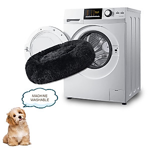 Patas Lague Calming Dog Bed for Small Dogs, Fluffy Soft Cozy Cat Bed, Faux Fur Anti-Anxiety Plush Washable Pet Donut Cuddler for All Seasons 20IN, Black