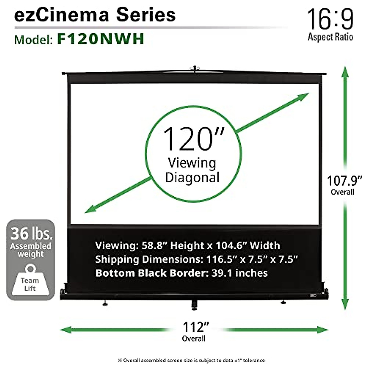 Elite Screens ezCinema Series, 120-inch 16:9, Manual Floor Pull Up Projection Projector Screen, Movie Home Theater Office Church 8K 4K Ultra HD 3D Ready, US-Based Company. 2-YEAR WARRANTY, F120NWH