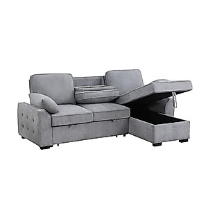 Lilola Home Mackenzie Light Gray Chenille Fabric Sleeper Sectional with Right-Facing Storage Chaise, Drop-Down Table, Cup Holders and Charging Ports