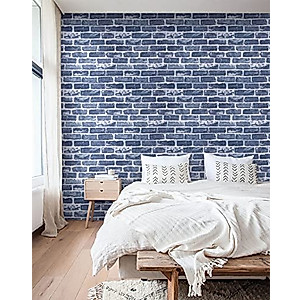 Timeet Blue Brick Wallpaper Peel and Stick Wallpaper 17.7" x 118.11" Self-Adhesive Removable Brick Textured Wallpaper Waterproof Backplash Living Room Wall Decor