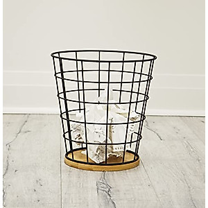 AQ Round Metal Trash Can, Small Open Top Waste Bin for Office, Bedroom or Bathroom, Wire & Wood Design - Matte Black & Bamboo