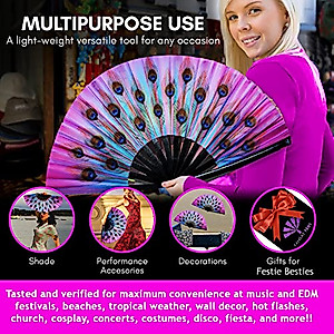 Fansay Fans - Large Bamboo Rave Festival Hand Fan for Women/Men - Big Folding Fan W/Velvet Bag - Festival Clothing, Rave Accessories, Clack Fan, LGBT Pride, Decoration, Gift (Peacock Candy)