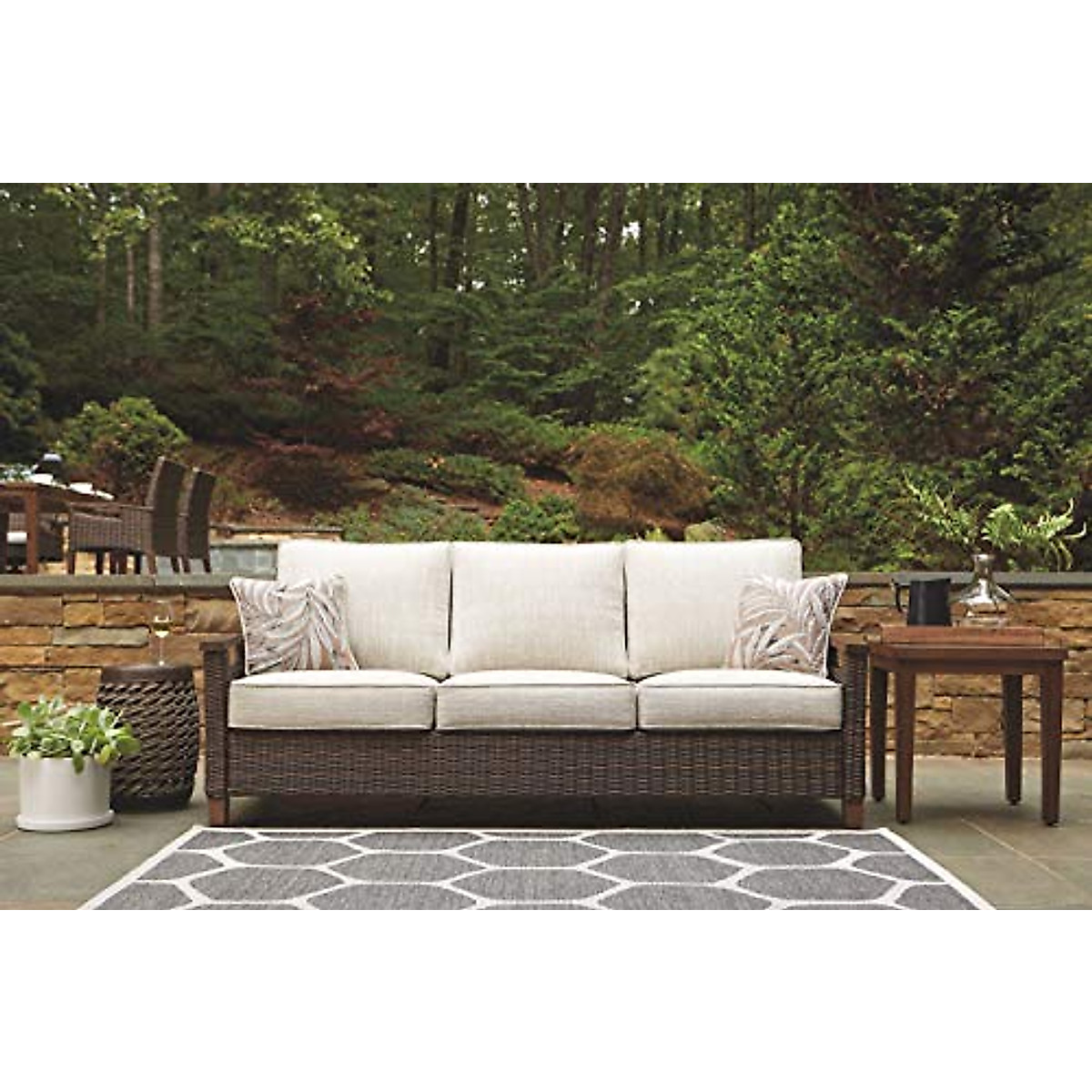 Signature Design by Ashley Paradise Trail Outdoor Patio Sofa with Cushion and 2 Pillows, Brown & Beige